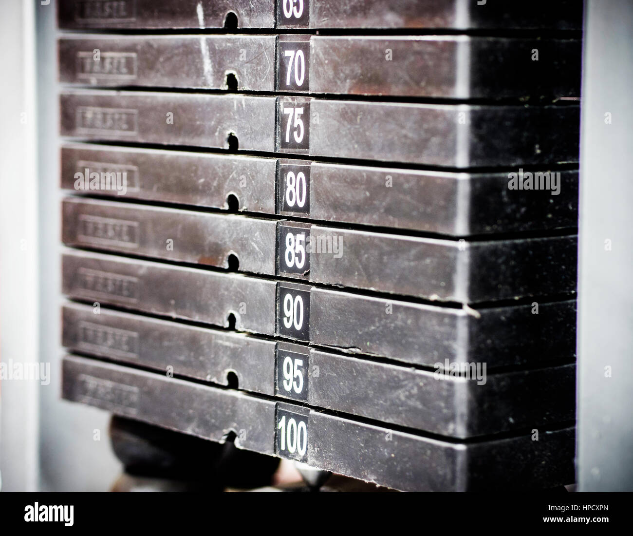 Stack of rusty metal weights in gym bodybuilding equipment ...