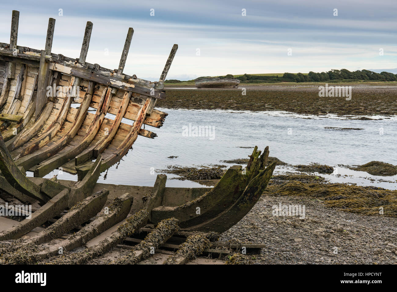 Two decaying boat wrecks in the Afon Goch Estuary near Dulas, Anglesey ...