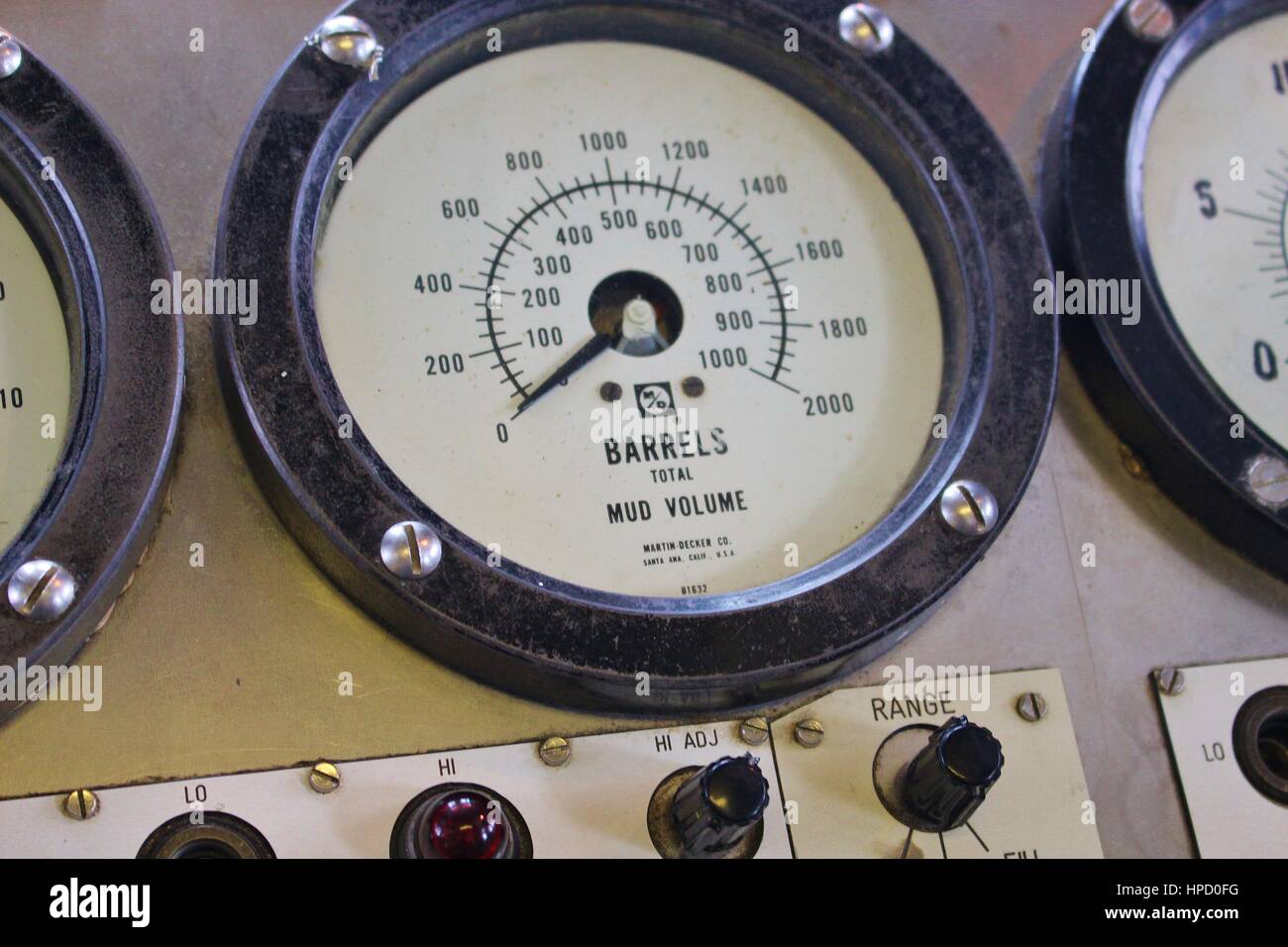 Historic panel with measure instruments in the oil production industry ...
