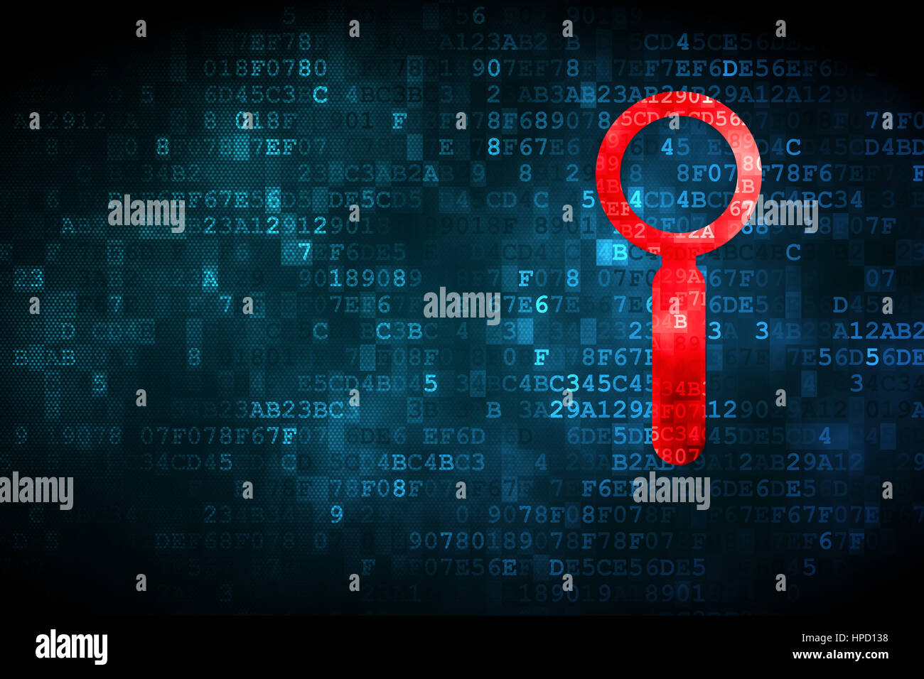 Information concept: pixelated Search icon on digital background, empty ...