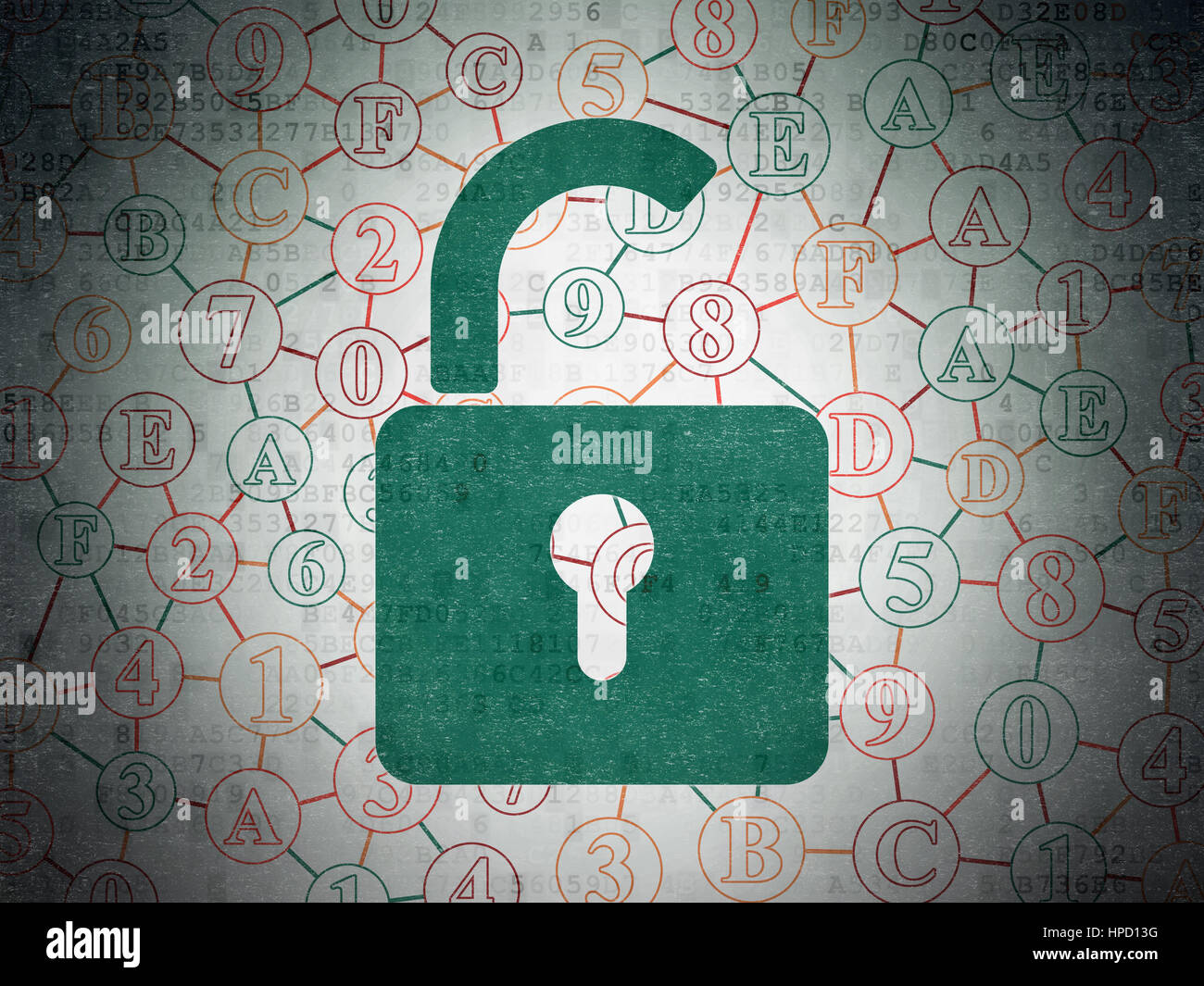 Information concept: Painted green Opened Padlock icon on Digital Data Paper background with ...