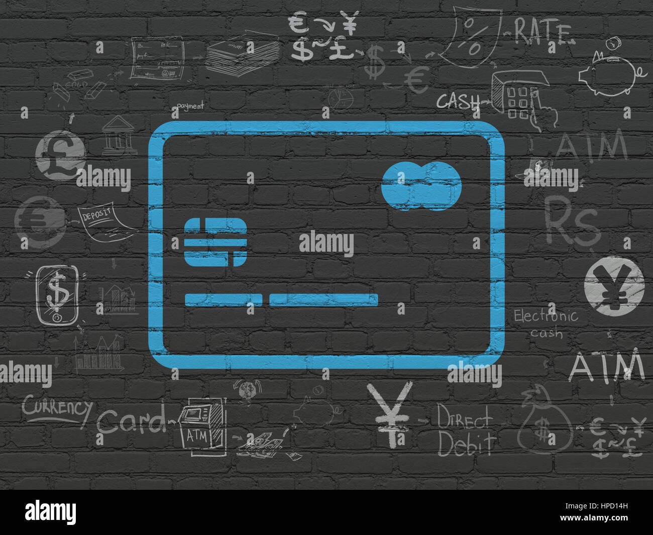 Banking concept: Painted blue Credit Card icon on Black Brick wall ...