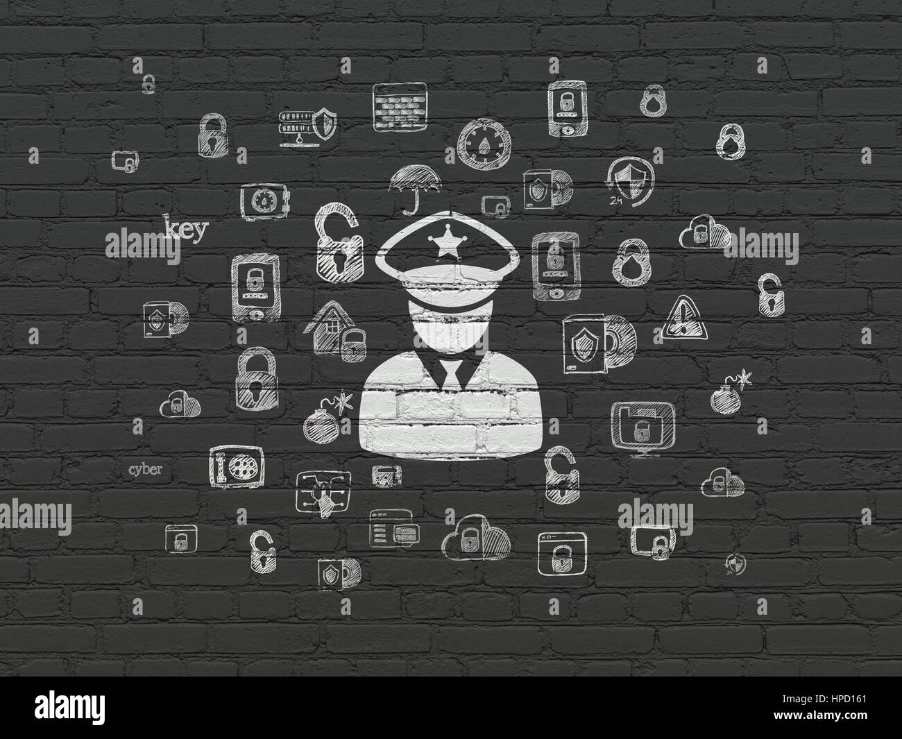 Security concept: Painted white Police icon on Black Brick wall ...