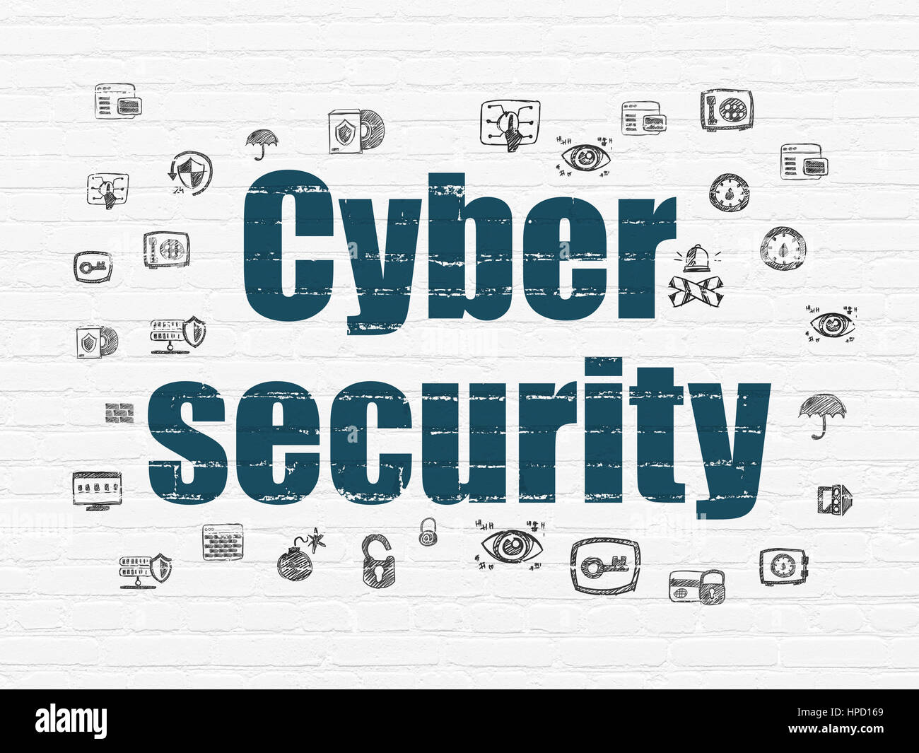 Privacy concept: Painted blue text Cyber Security on White Brick wall ...