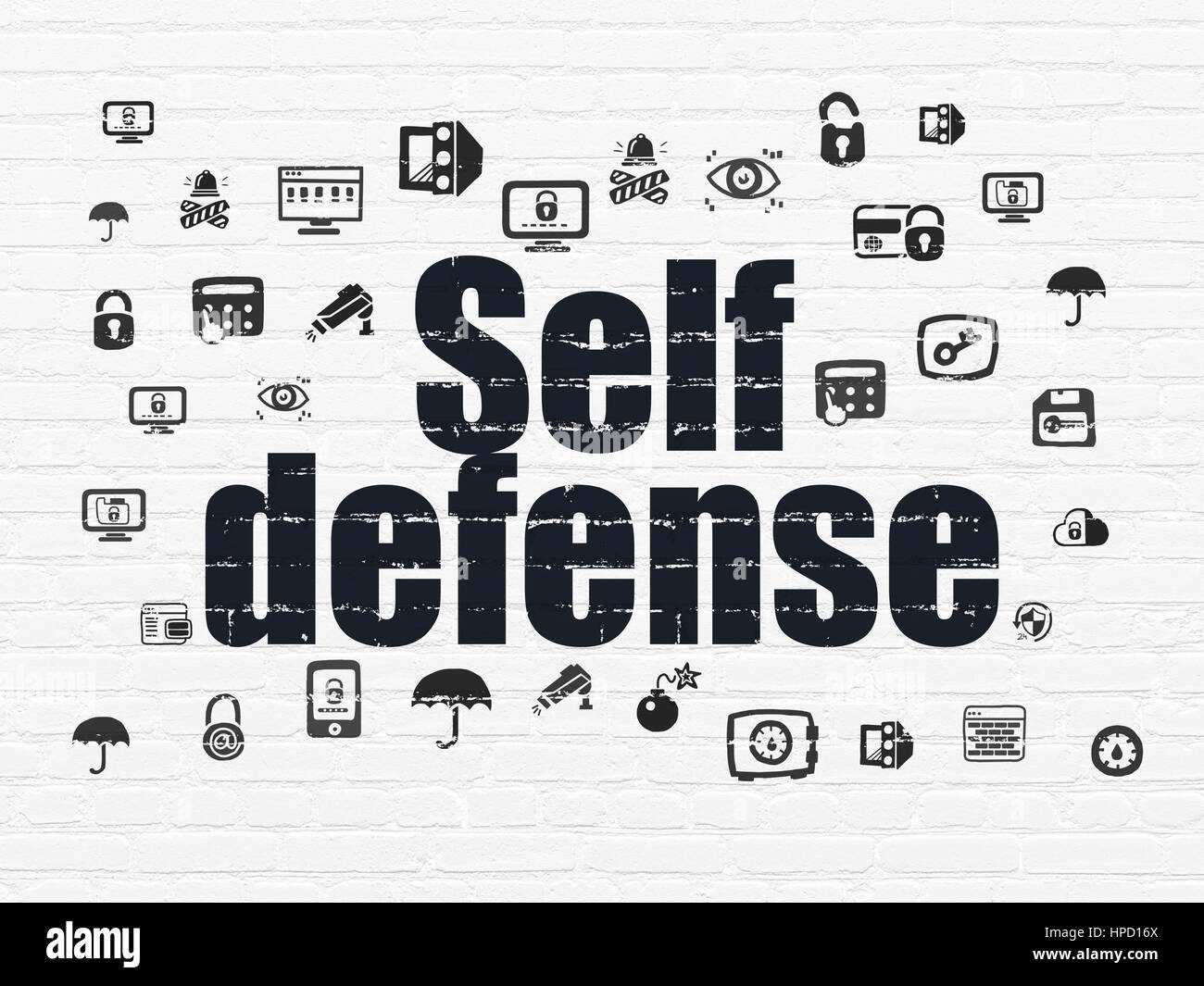 Security concept: Painted black text Self Defense on White Brick wall ...