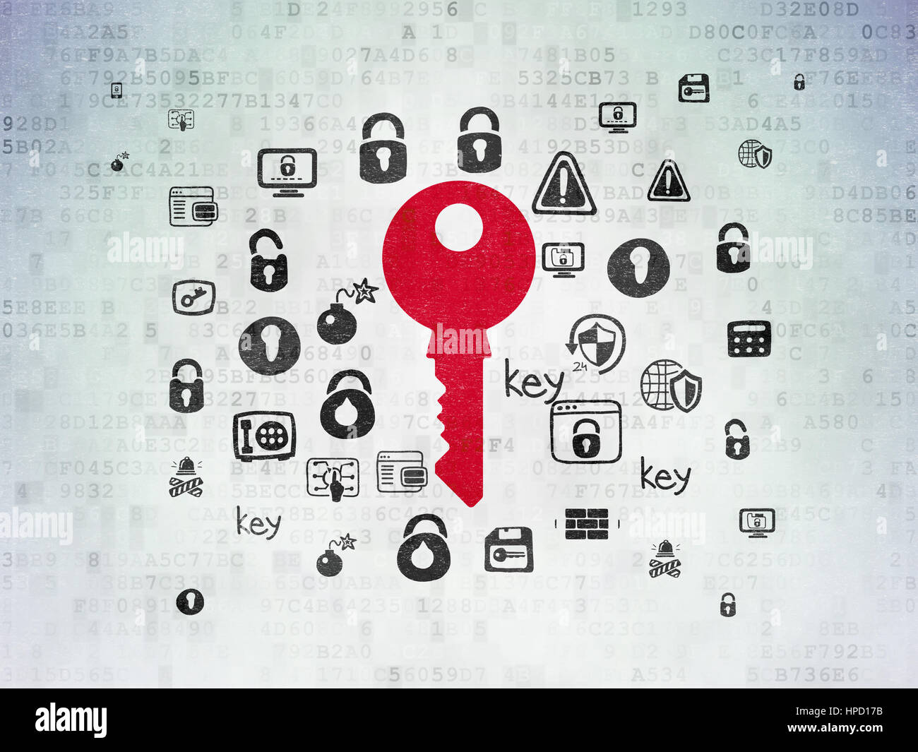 Security concept: Painted red Key icon on Digital Data Paper background with Hand Drawn Security ...