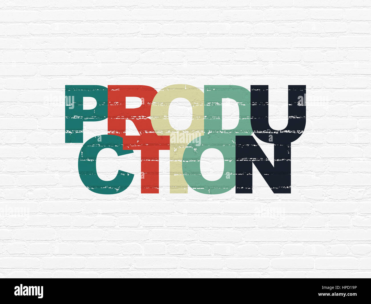 Finance concept: Painted multicolor text Production on White Brick wall ...