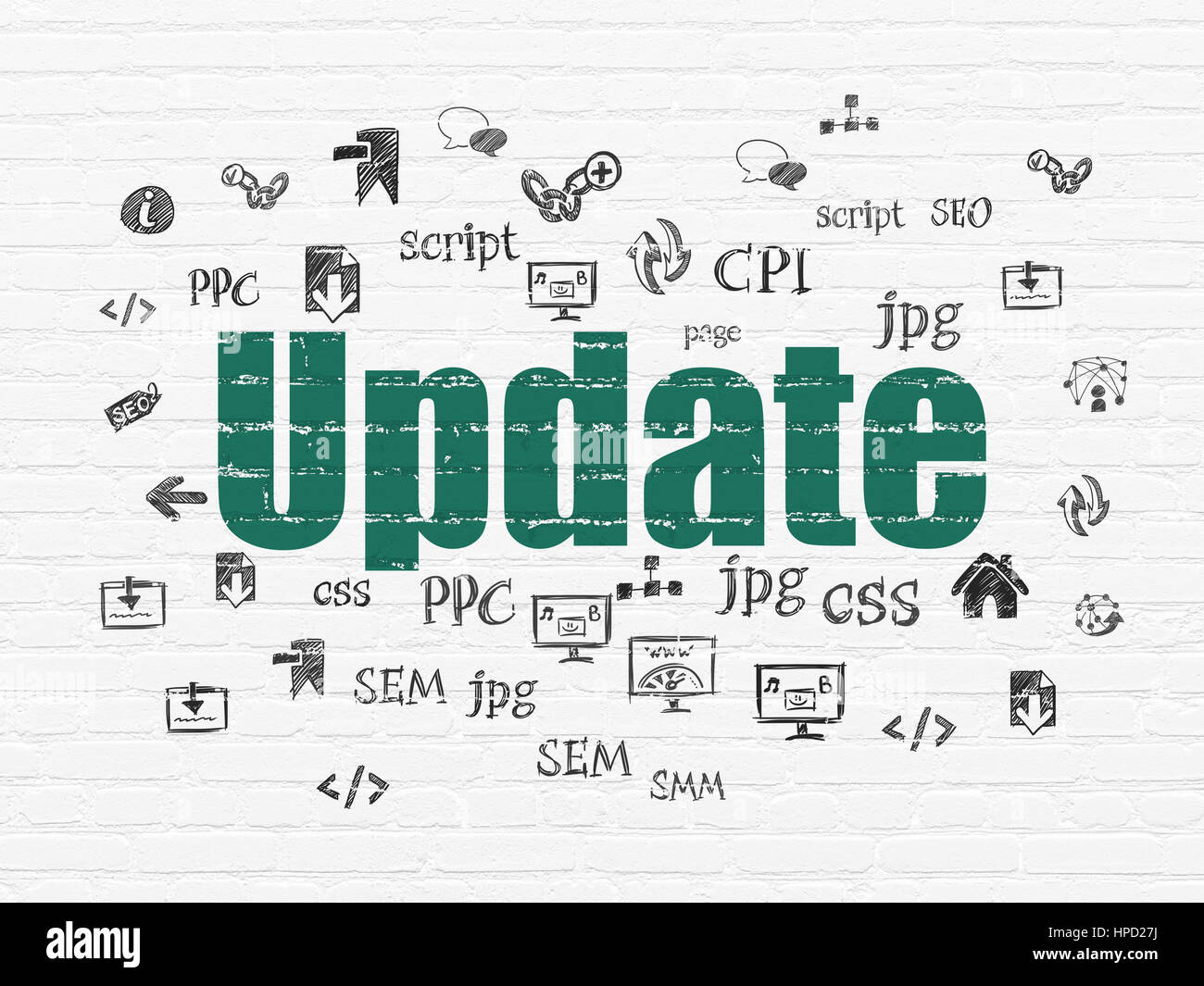 Web design concept: Painted green text Update on White Brick wall ...