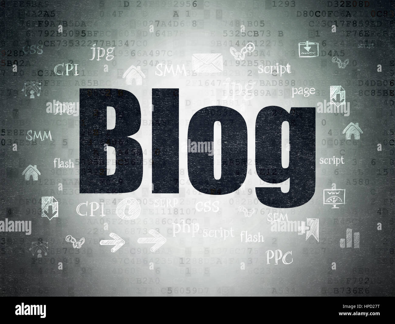 Web development concept: Painted black text Blog on Digital Data Paper background with Hand ...