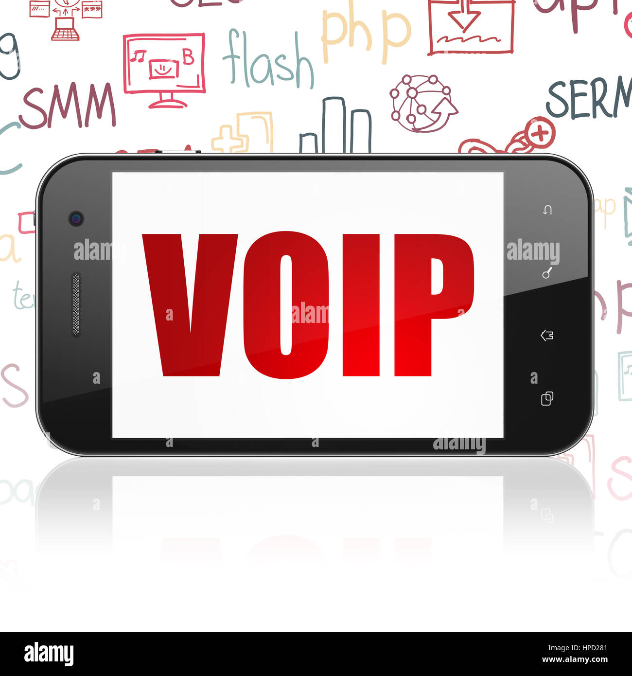 Web development concept: Smartphone with red text VOIP on display, Hand Drawn Site Development ...