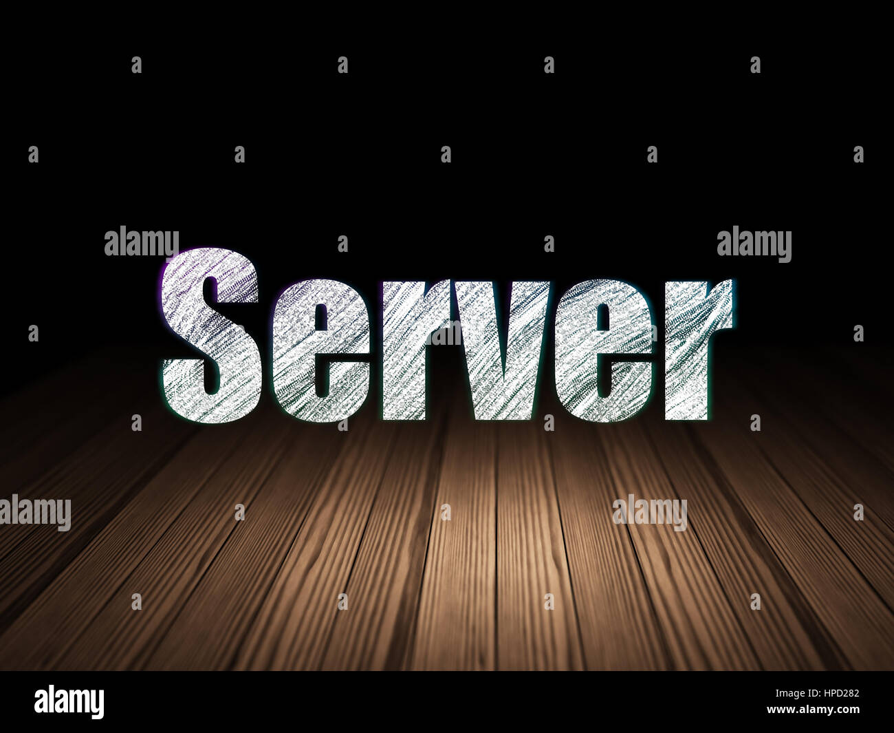 Web design concept: Glowing text Server in grunge dark room with Wooden ...