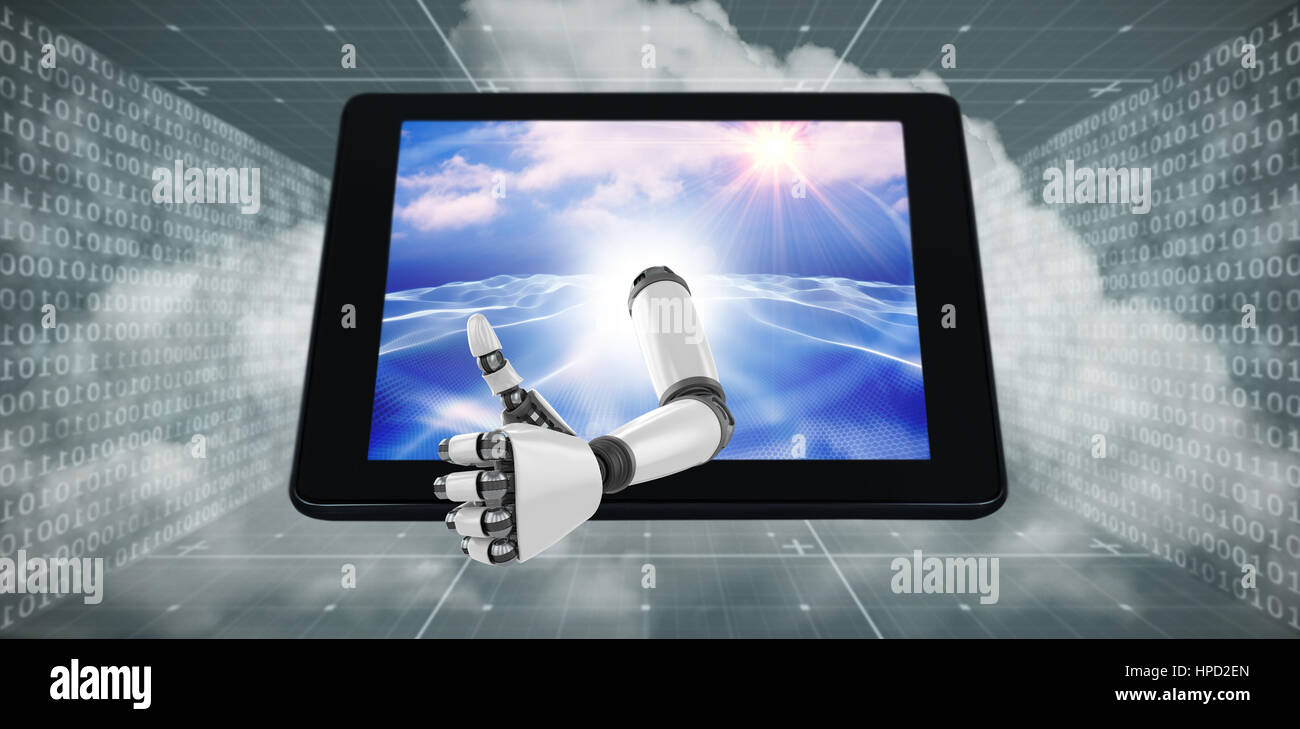 3D Robotic arm showing thumbs up against digitally generated binary ...