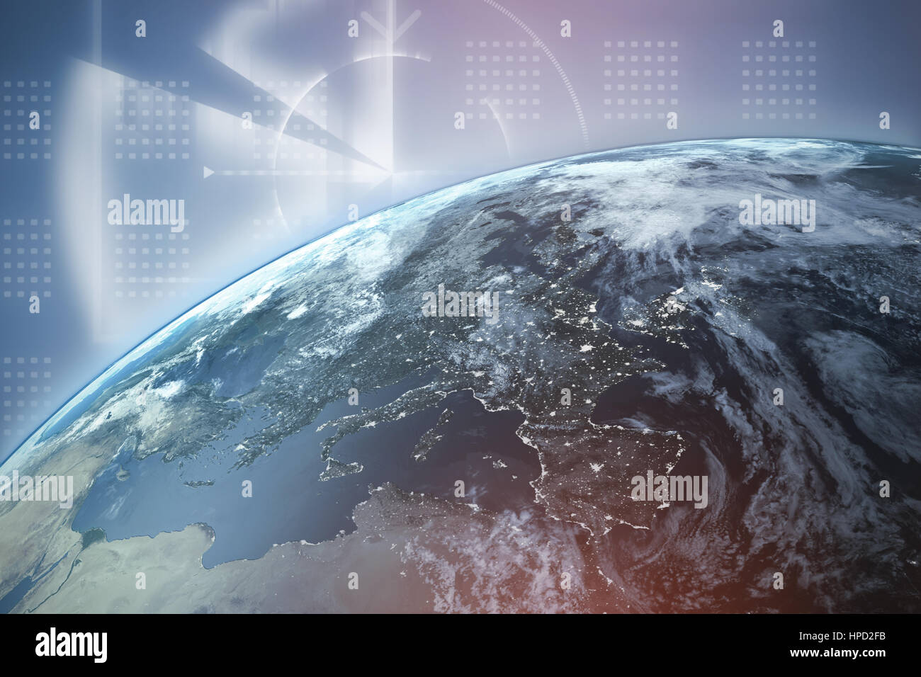 3d Satellite view of illuminated earth against purple vignette Stock ...