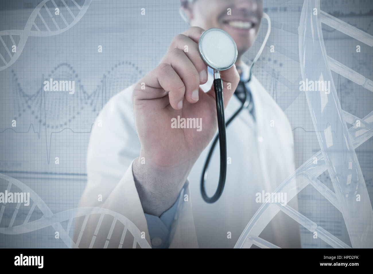 Doctor examining with stethoscope against panoramic view of helix ...
