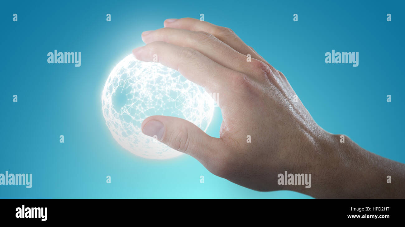 Hand of man touching invisible screen against blue vignette background ...