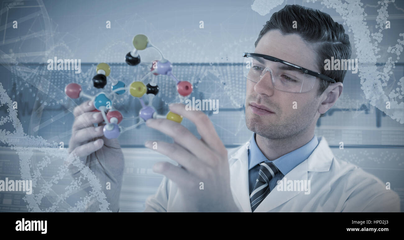 Scientist experimenting molecule structure against panoramic view of ...