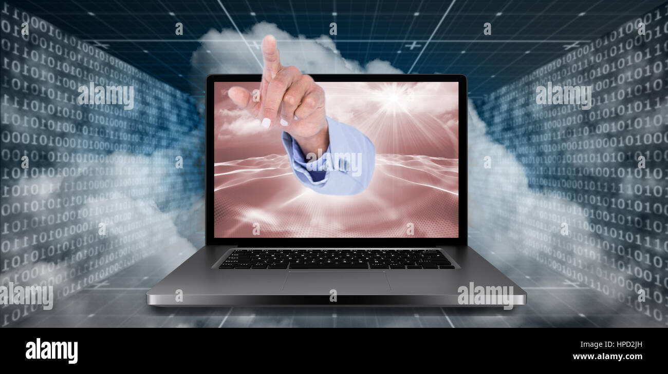 3D Businessman touching invisible screen against shiny blue binary code ...