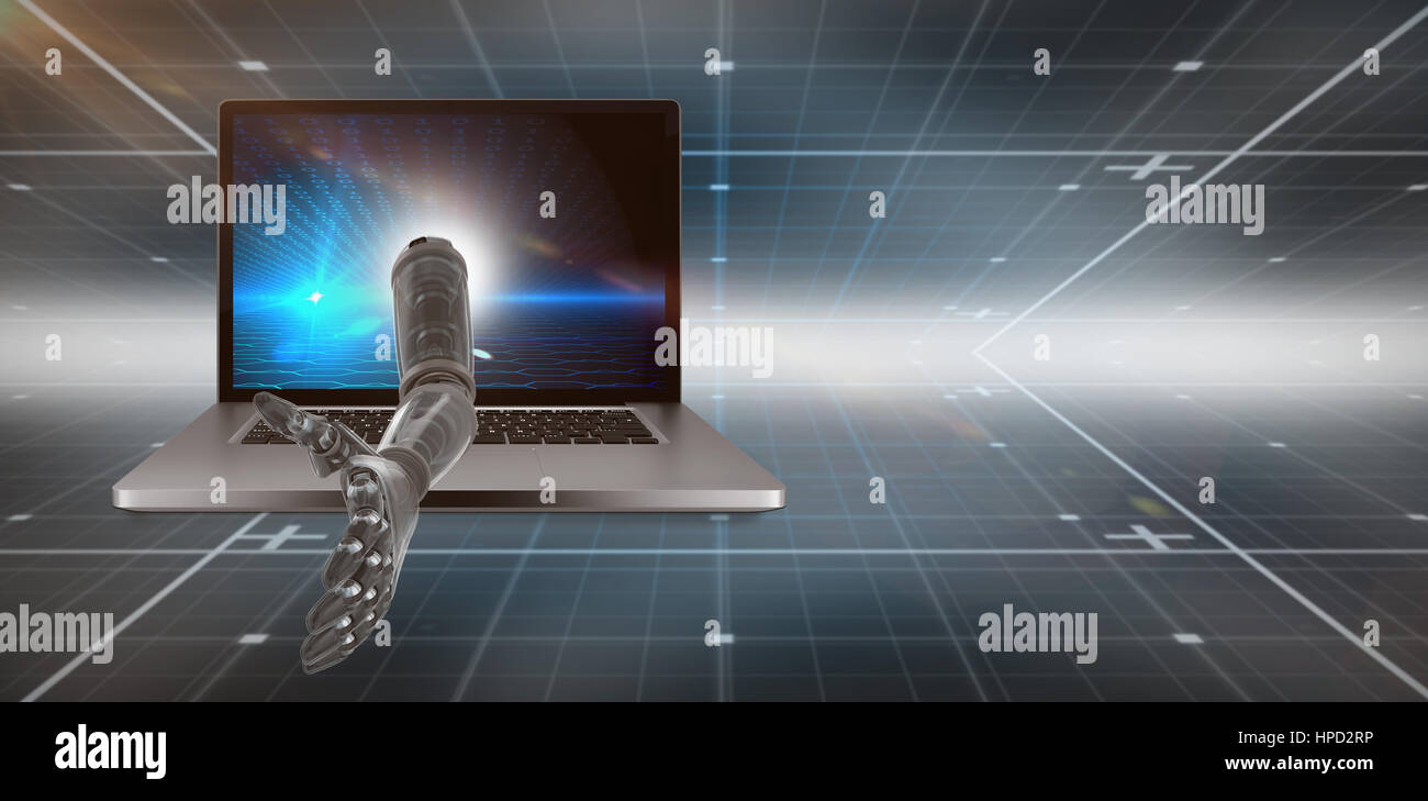 3D Digital generated image of robotic arm against hexagon pattern on technical background with ...