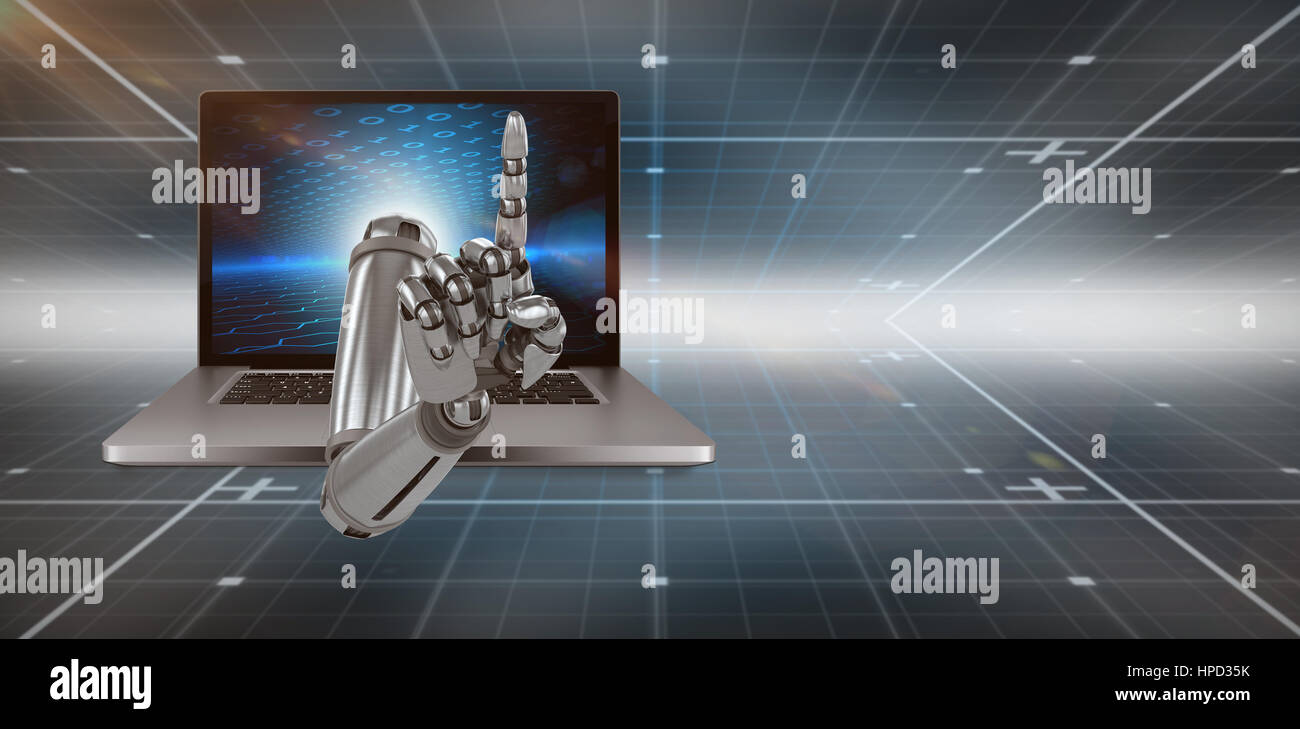 3D Composite image of robotic hand pointing against hexagon pattern on ...