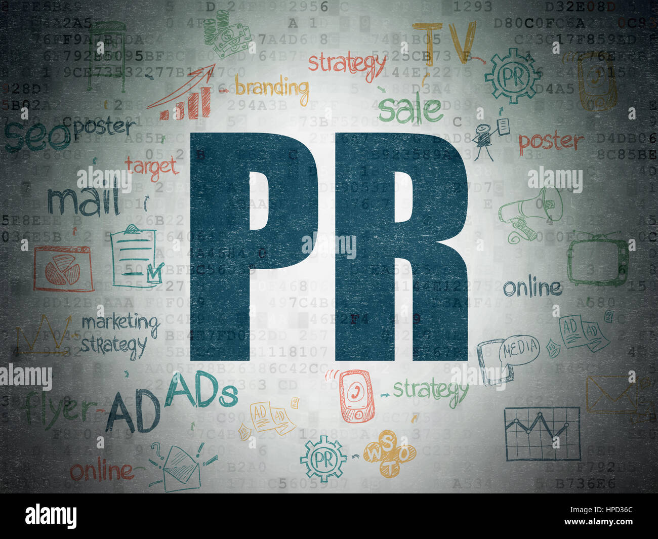 Marketing concept: Painted blue text PR on Digital Data Paper ...