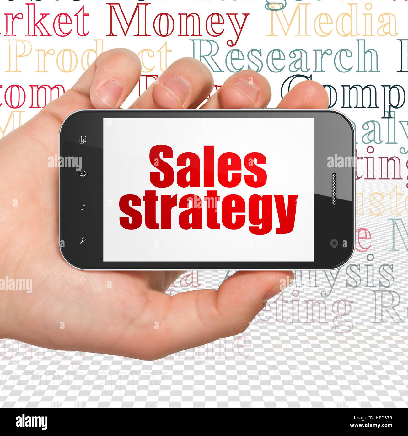 Marketing concept: Hand Holding Smartphone with red text Sales Strategy ...