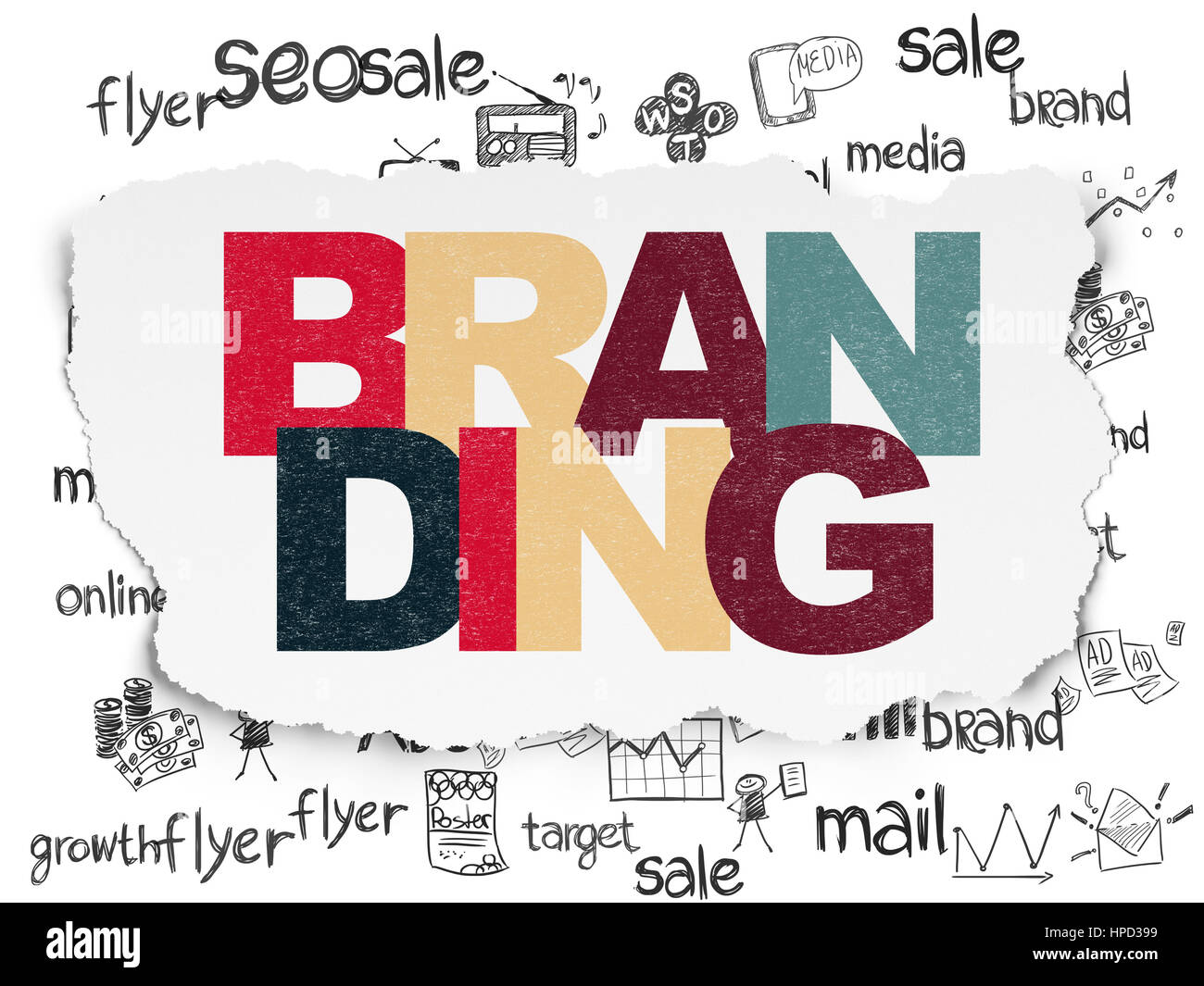 Advertising concept: Painted multicolor text Branding on Torn Paper ...