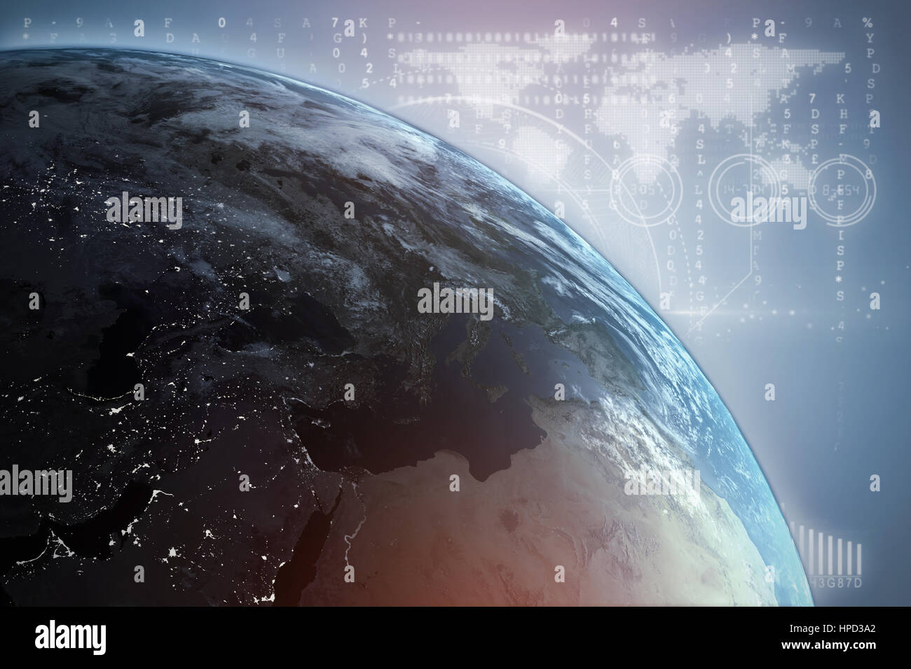 3d Space view of illuminated earth against grey vignette Stock Photo ...