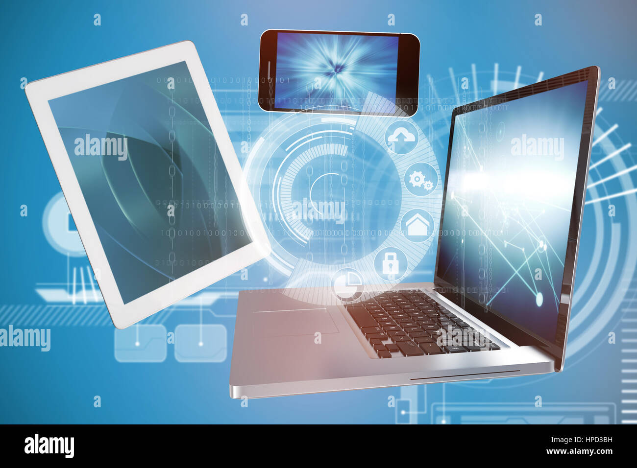 3d Computer icons illustration over glowing blue background Stock Photo ...