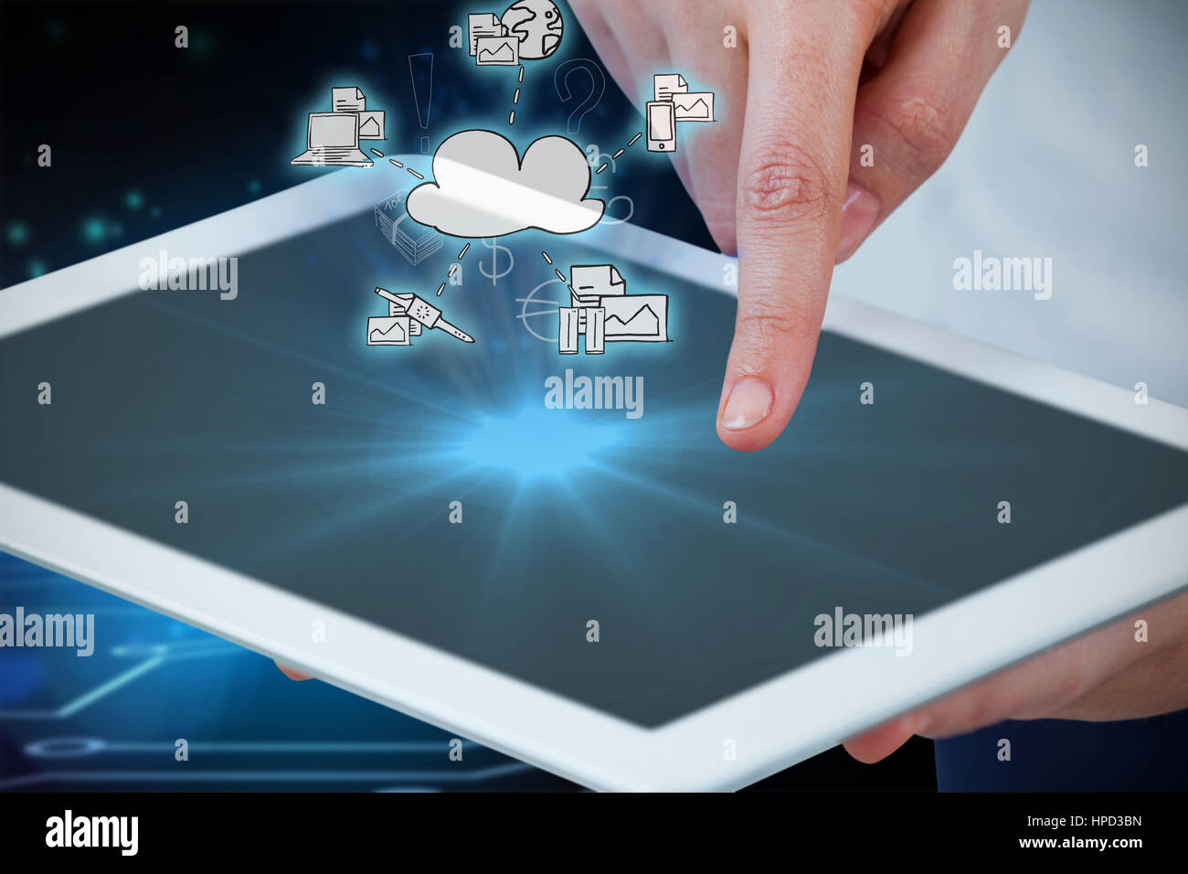 Hands using digital tablet against white background against circuit ...