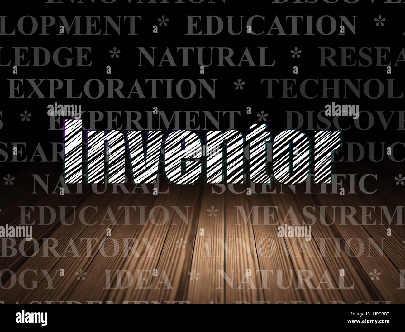 Science concept: Glowing text Inventor in grunge dark room with Wooden ...