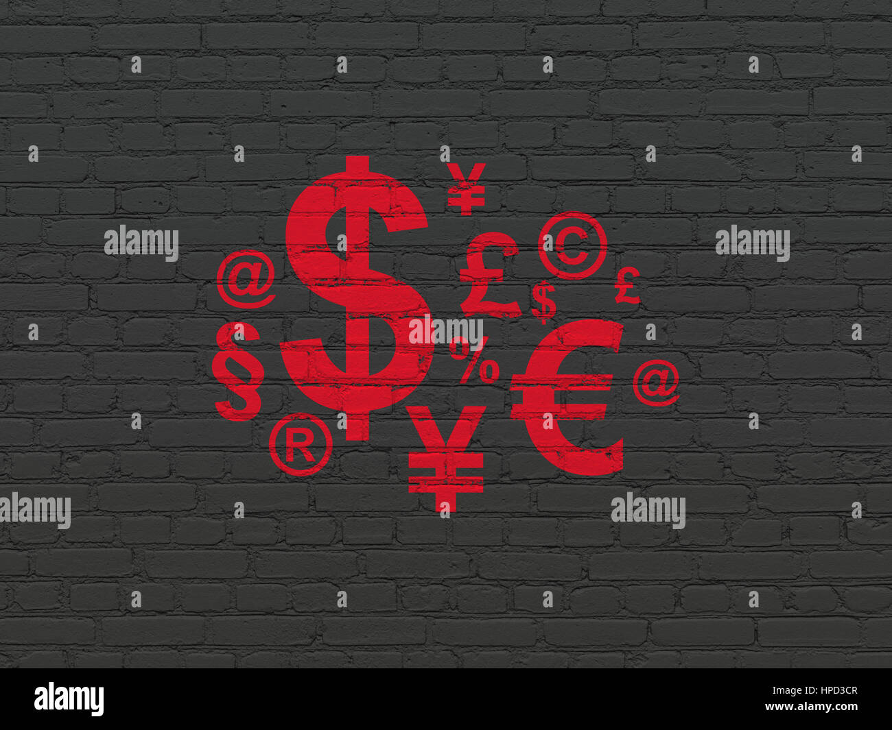 News concept: Painted red Finance Symbol icon on Black Brick wall ...