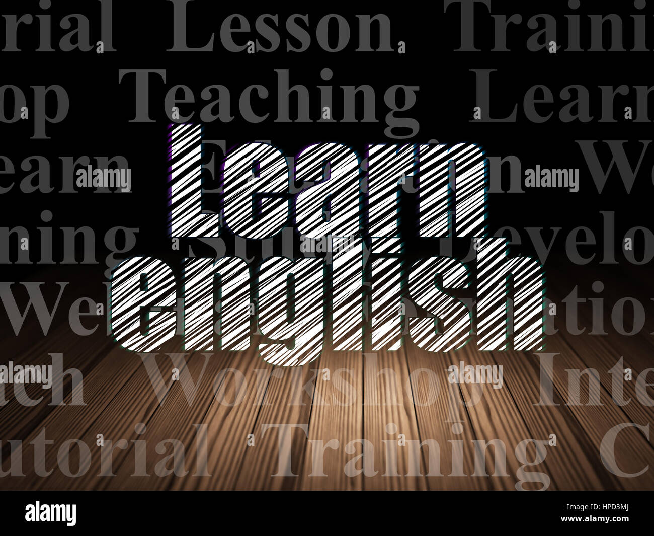 Education concept: Glowing text Learn English in grunge dark room with ...