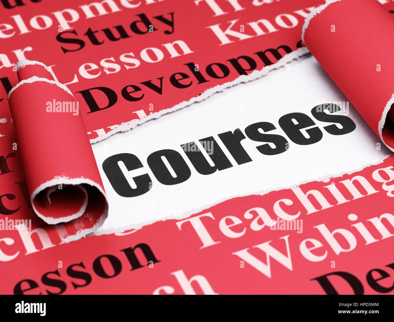 Learning concept: black text Courses under the curled piece of Red torn ...