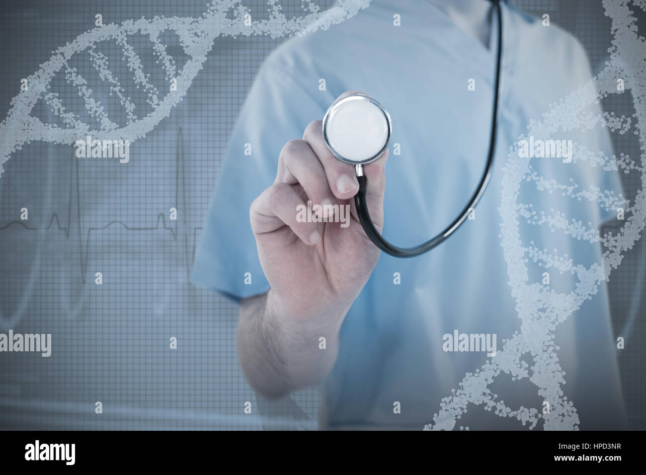 Midsection of surgeon holding stethoscope against blue spiral dna ...