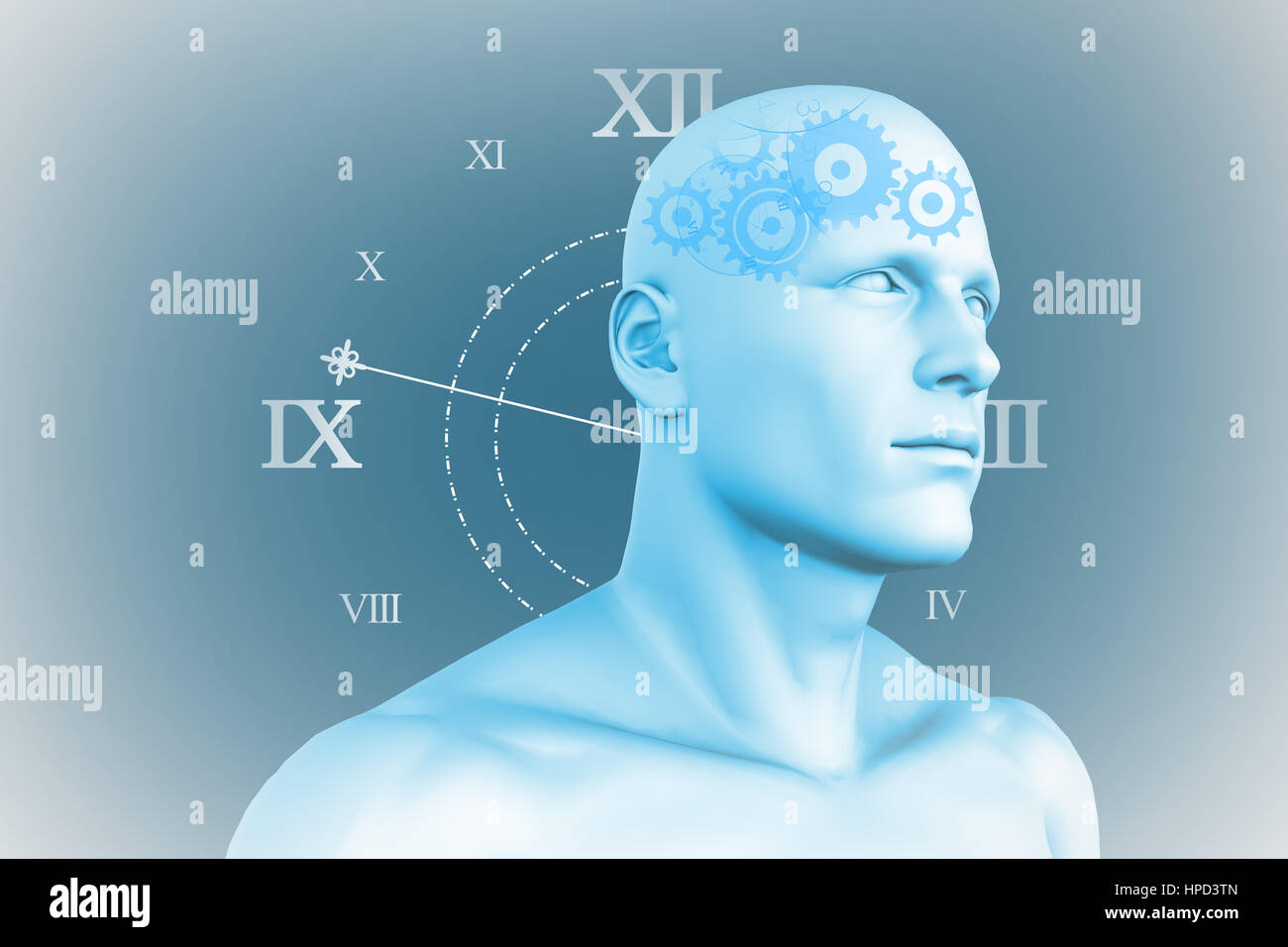 clock and cogs against blue Stock Photo - Alamy
