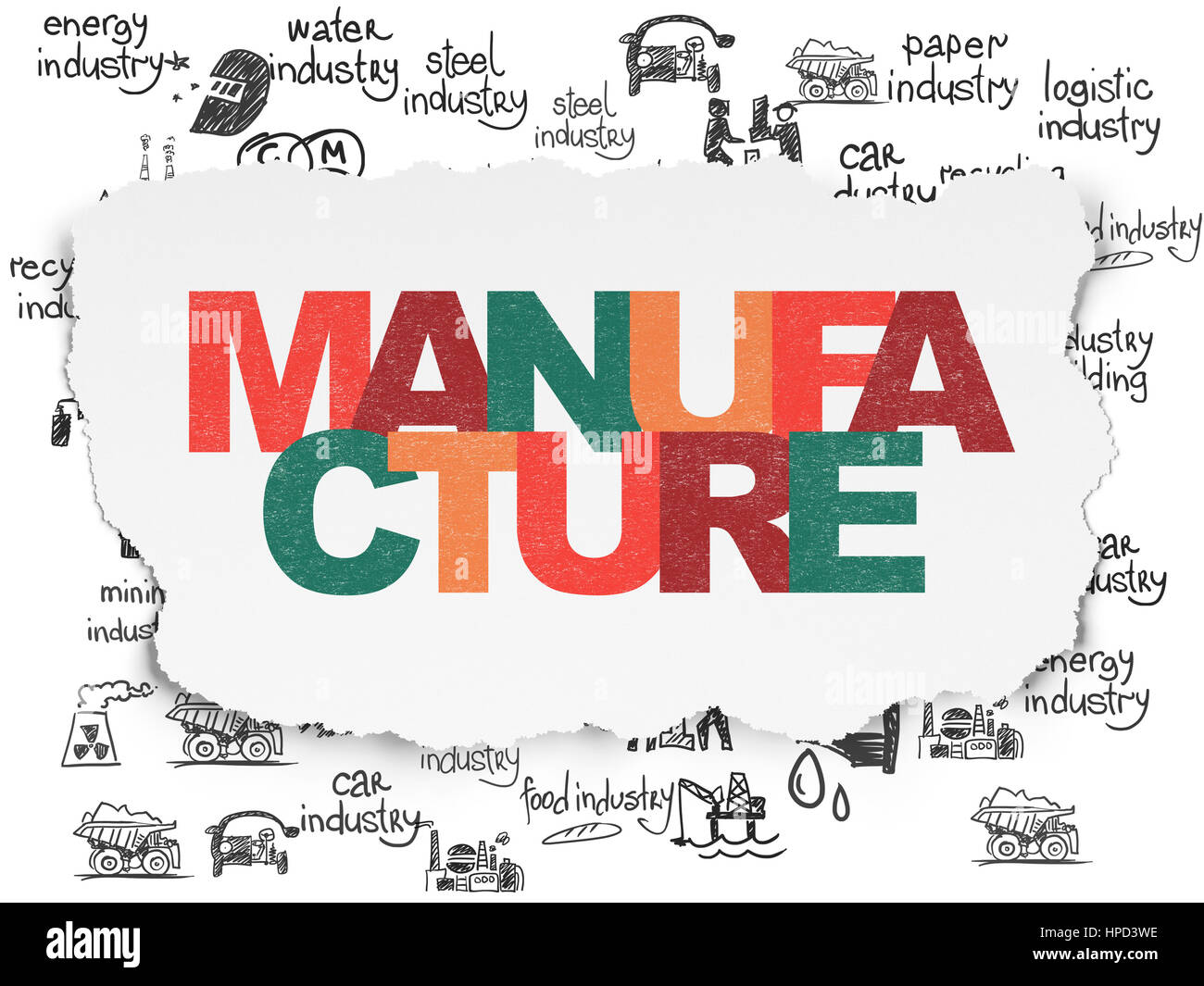 Manufacuring concept: Painted multicolor text Manufacture on Torn Paper ...
