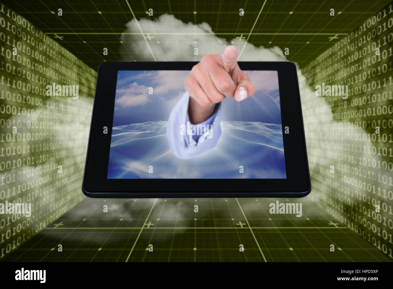 3D Businessman touching invisible screen against shiny blue binary code ...