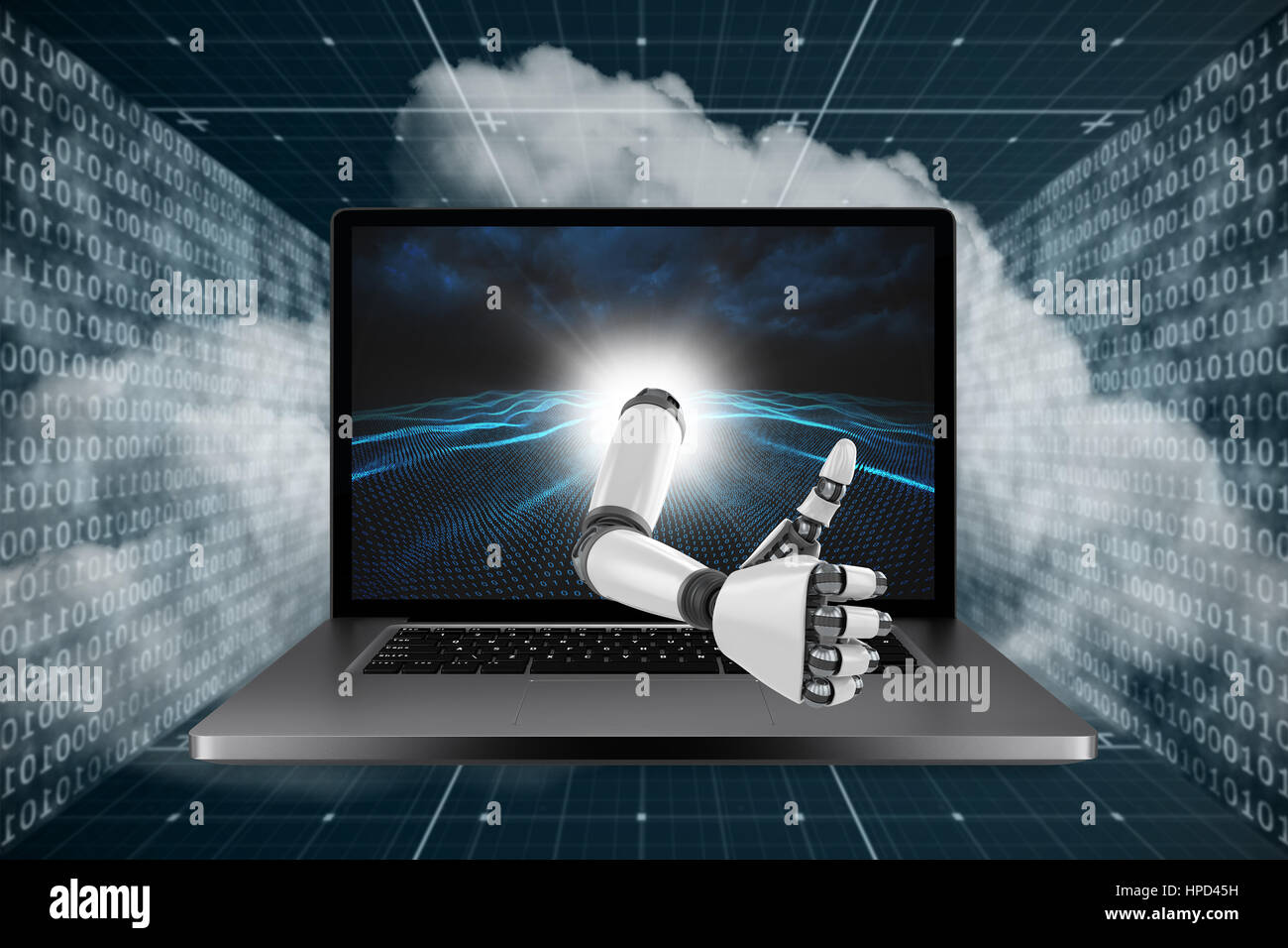 3D Robotic arm showing thumbs up against digitally generated binary ...