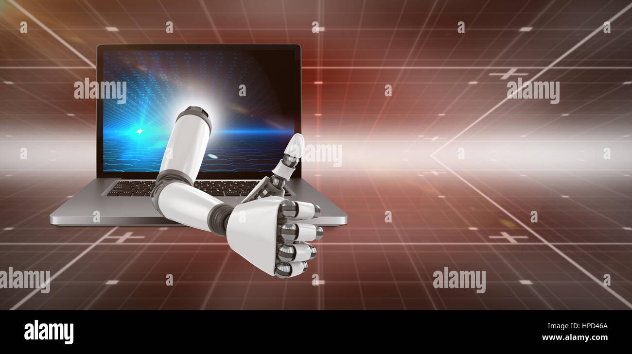 3D Robotic arm showing thumbs up against hexagon pattern on technical ...