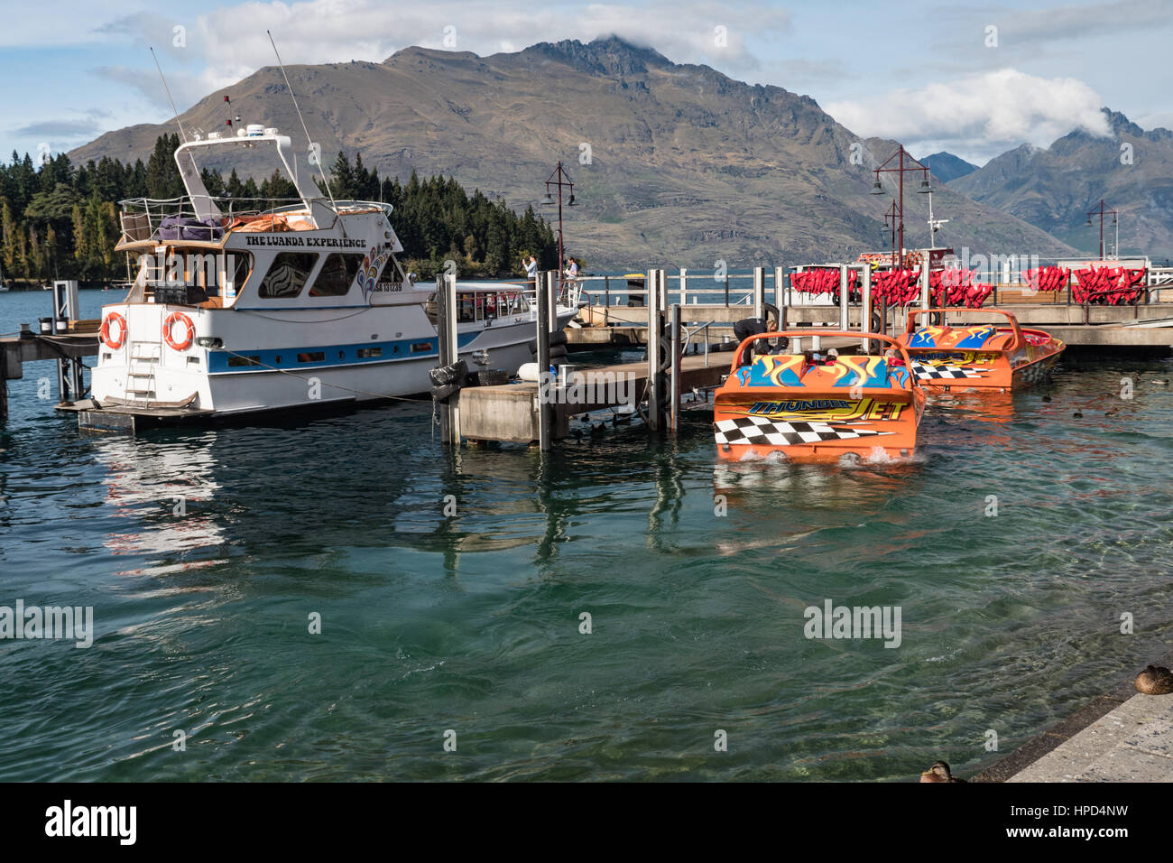 Jet Boat returned to the jetty on Lake Wakatipu, Queenstown, South ...