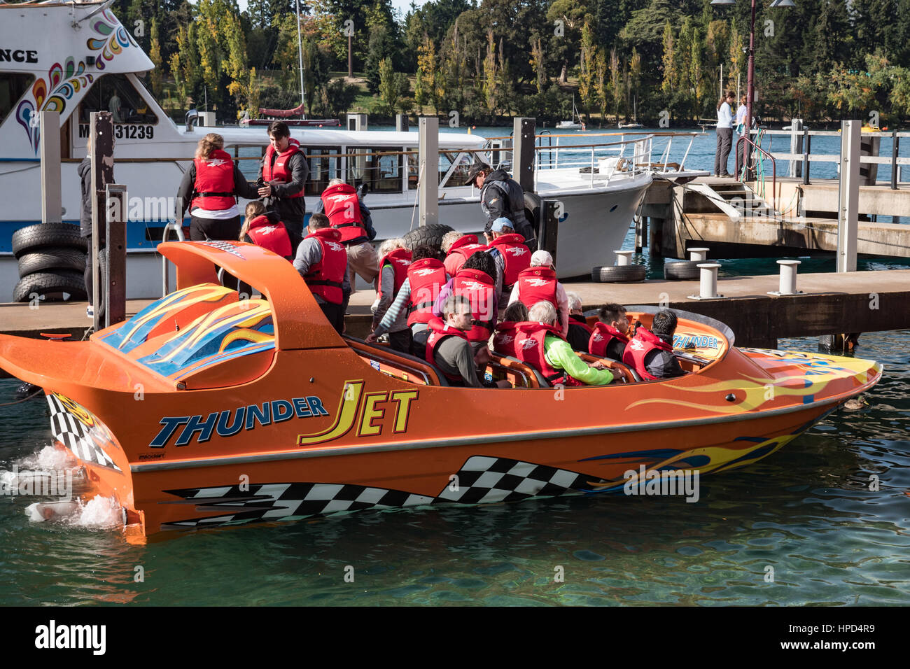 Jet Boat returned to the jetty on Lake Wakatipu, Queenstown, South ...