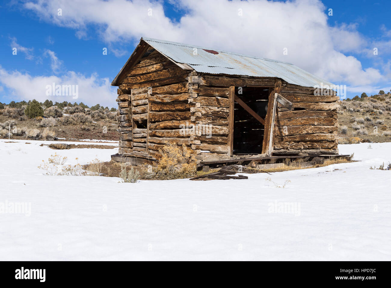 Old weathered Ghost Town buildings in the desert during winter with ...