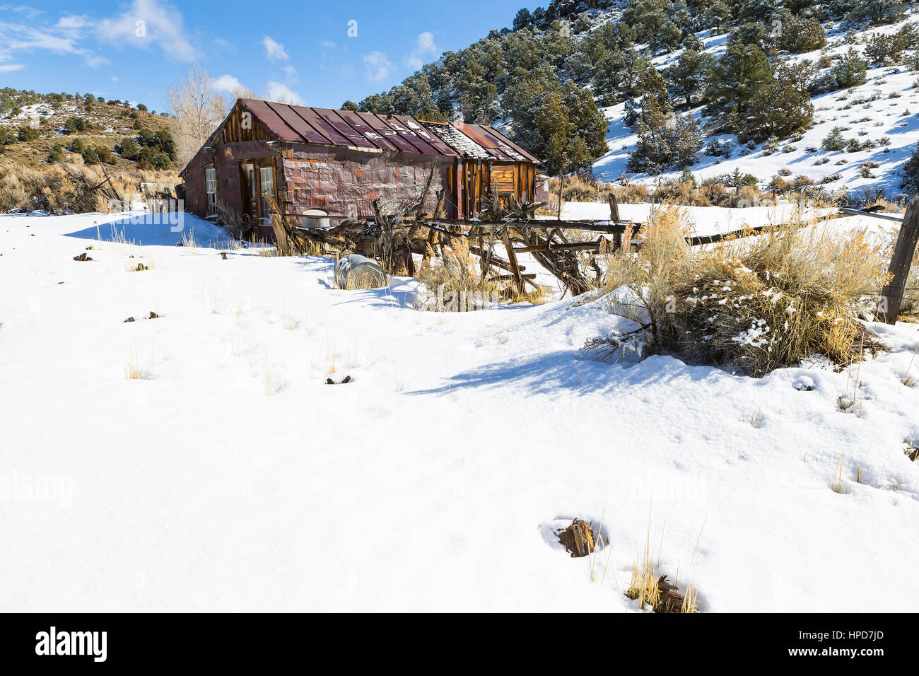 Old weathered Ghost Town buildings in the desert during winter with ...