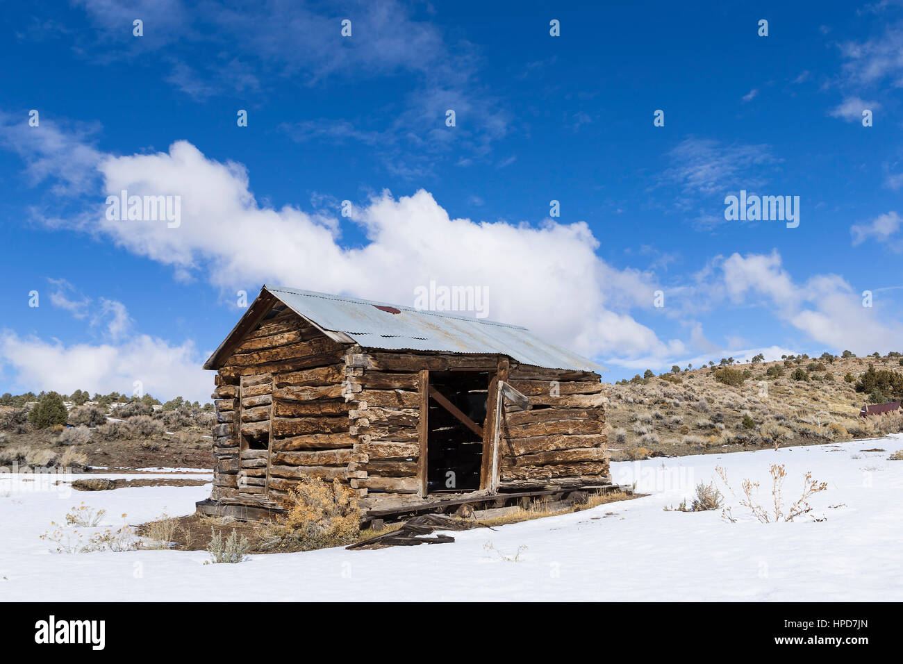 Old weathered Ghost Town buildings in the desert during winter with ...