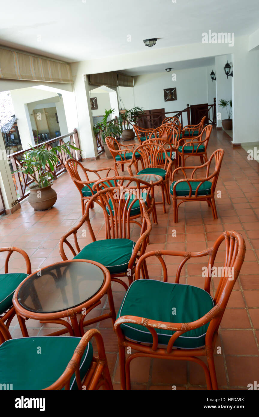 Terrace with wooden furniture and table ro Mombasa Kenya Stock Photo ...