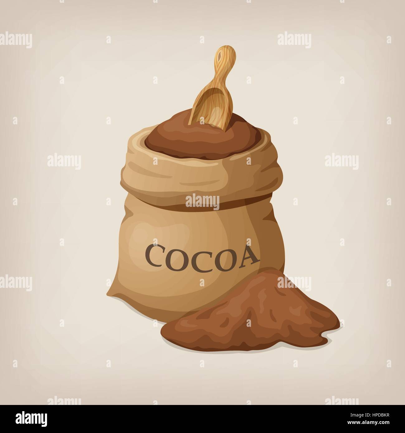 Bag of freshly ground cocoa, cocoa powder wooden spoon. Vector ...