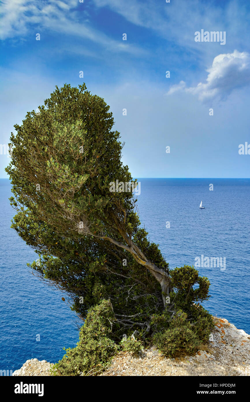 Sailing at the western coastline of Lefkada island, in the Ionian Sea ...