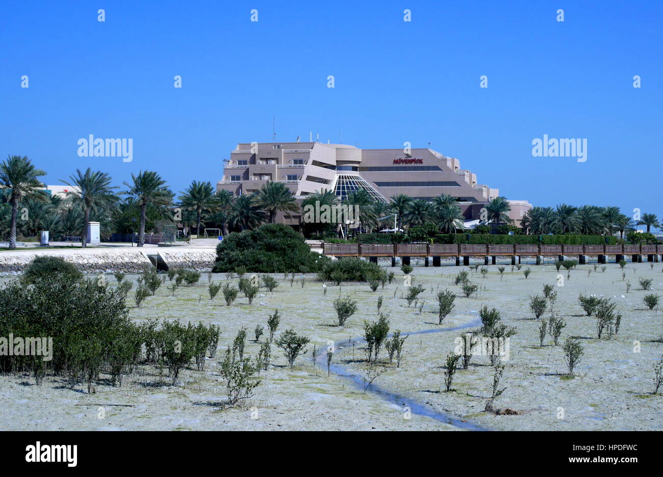 Movenpick Hotel, across Arad Bay, with mangroves, Muharraq, Kingdom of ...