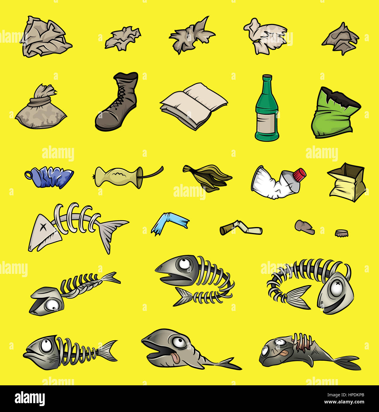 isolated waste trash garbage objects plastic paper glass junk food ...