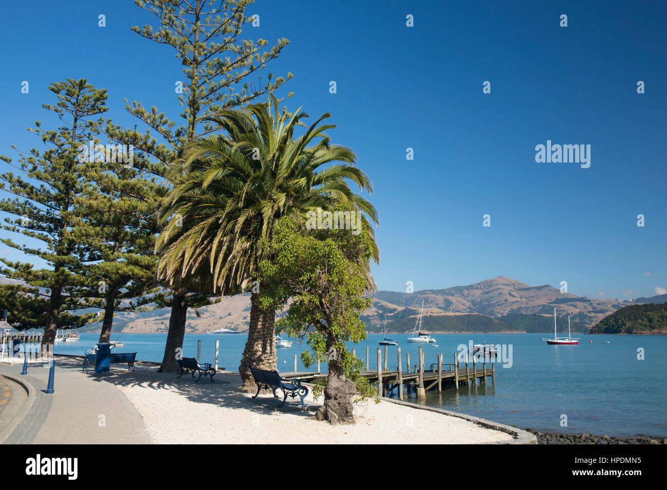 Akaroa, Canterbury, New Zealand. View across Akaroa Harbour from the ...